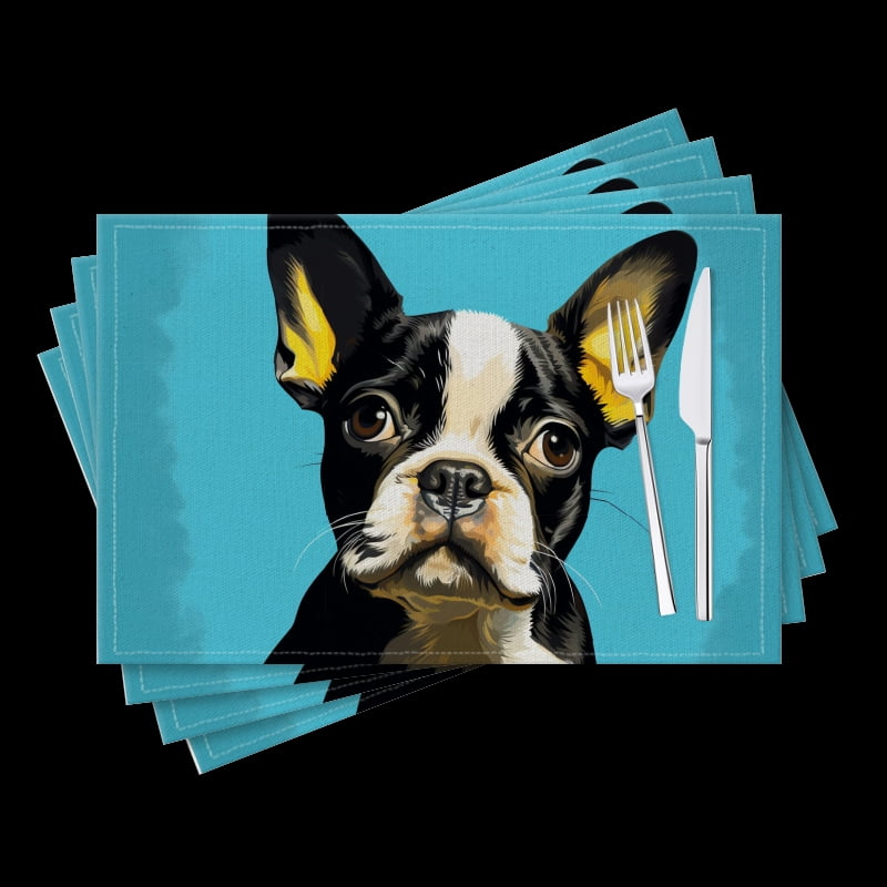 BaHomeck placemats Set of 4 Cute Boston Terrier With Big Eyes On Blue ...