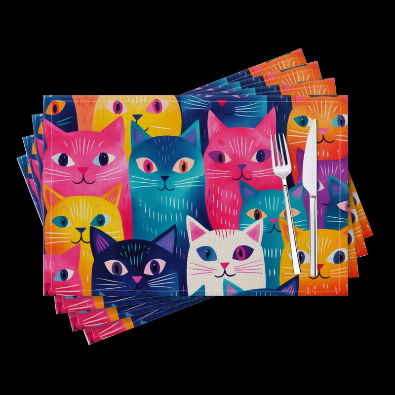 BaHomeck placemats Set of 4 Cute Cartoon Cat Faces Of Various Colors ...