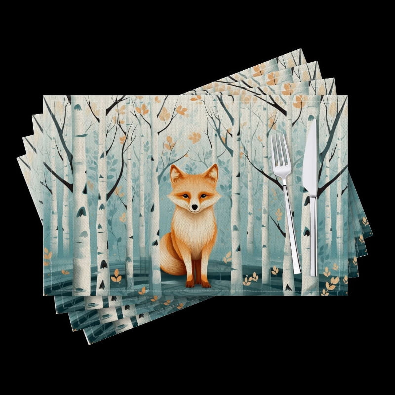 BaHomeck placemats Set of 4 Cute Fox In The Forest Among Birch Trees Cotton Linen rectangle ...