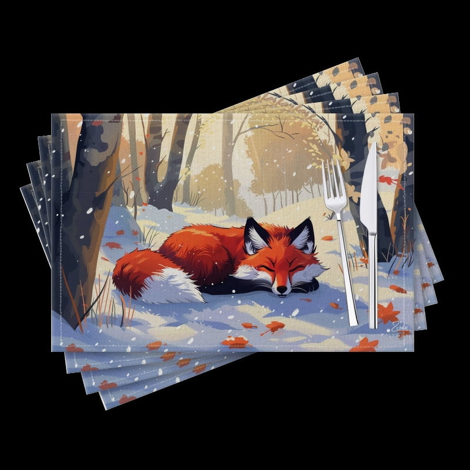 BaHomeck placemats Set of 4 Cute Fox Sleeping In The Snow With Forest ...