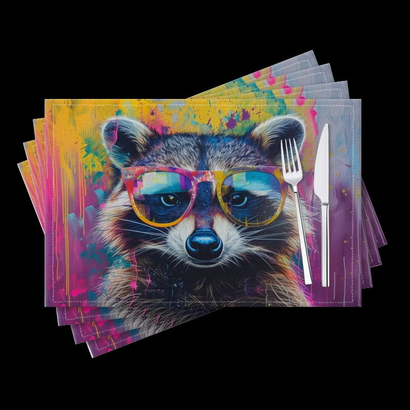 BaHomeck placemats Set of 4 Cute Raccoon Wearing Sunglasses Against ...