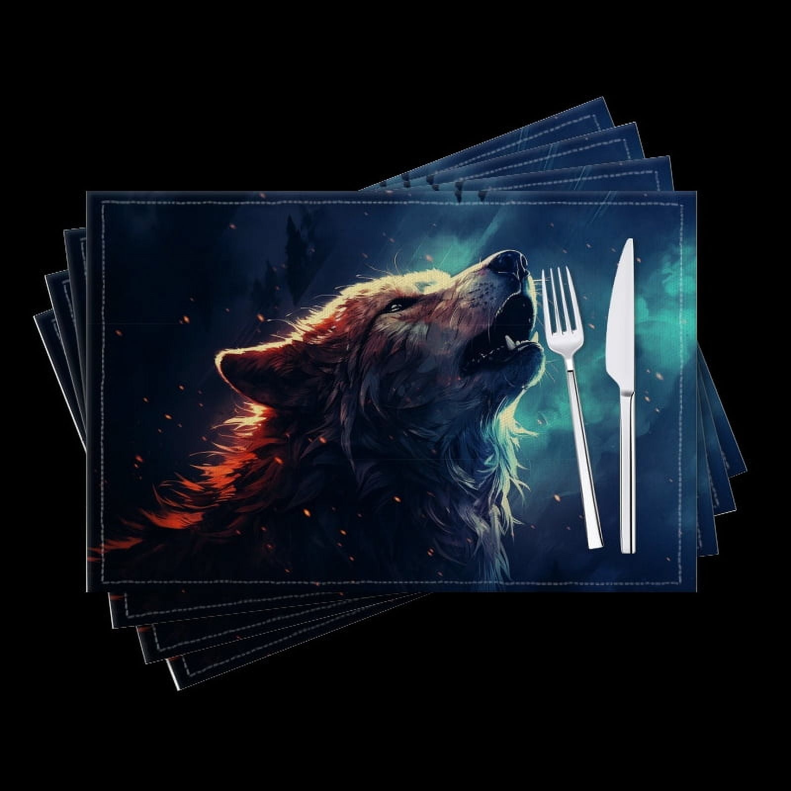 BaHomeck placemats Set of 4 Fantasy Art Of Wolf Howling In The Night ...
