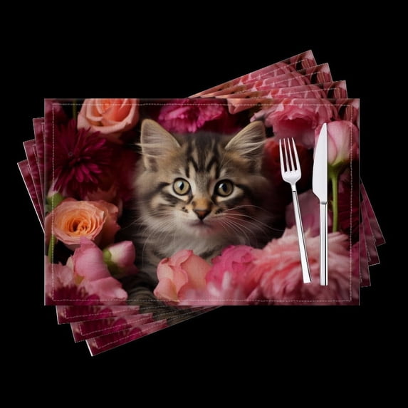 BaHomeck placemats Set of 4 Fluffy Kitten Surrounded By Pink And Red ...