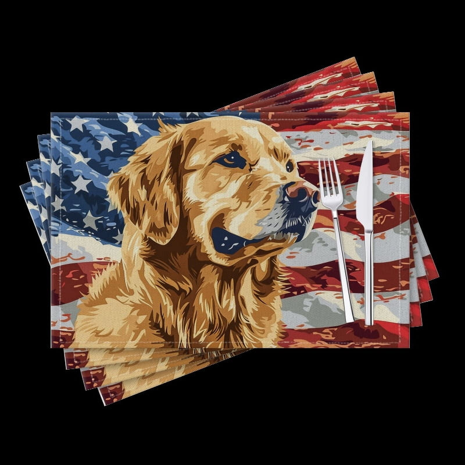 BaHomeck placemats Set of 4 Golden Retriever Dog With The American Flag ...