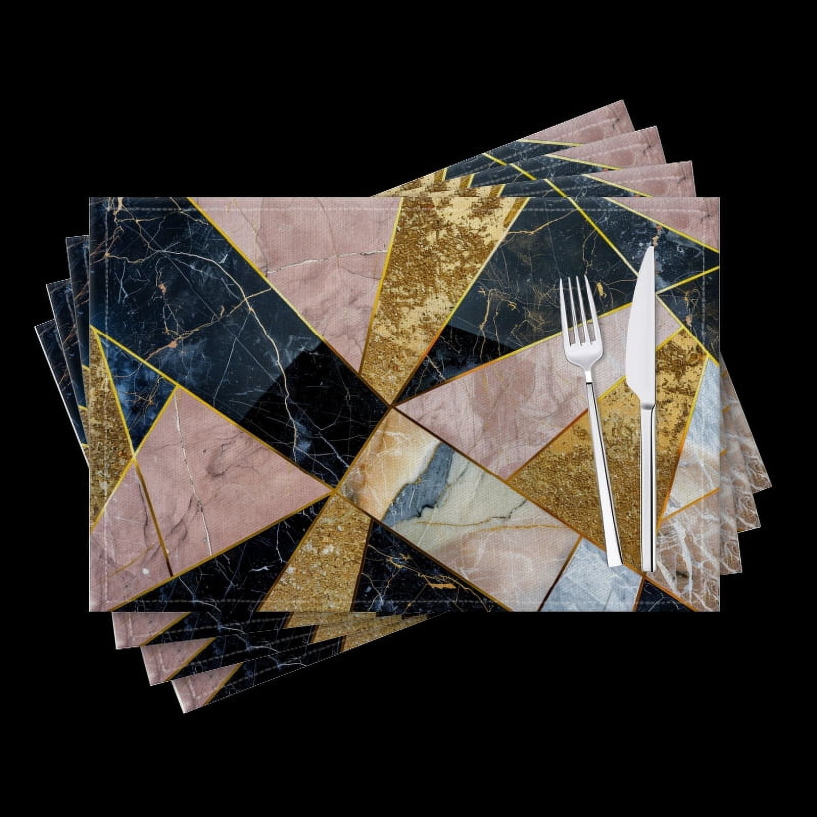 BaHomeck placemats Set of 4 Pattern Of Geometric Shapes In Black And Gold Marble Cotton Linen ...