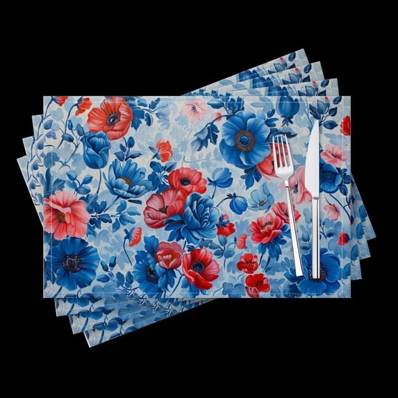 BaHomeck placemats Set of 4 Red And Blue Flowers On White Background ...