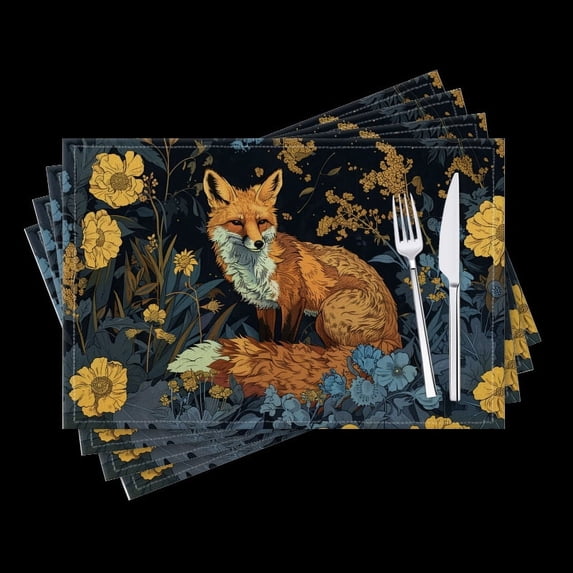 BaHomeck placemats Set of 4 Red Fox In The Night Forest Surrounded By ...