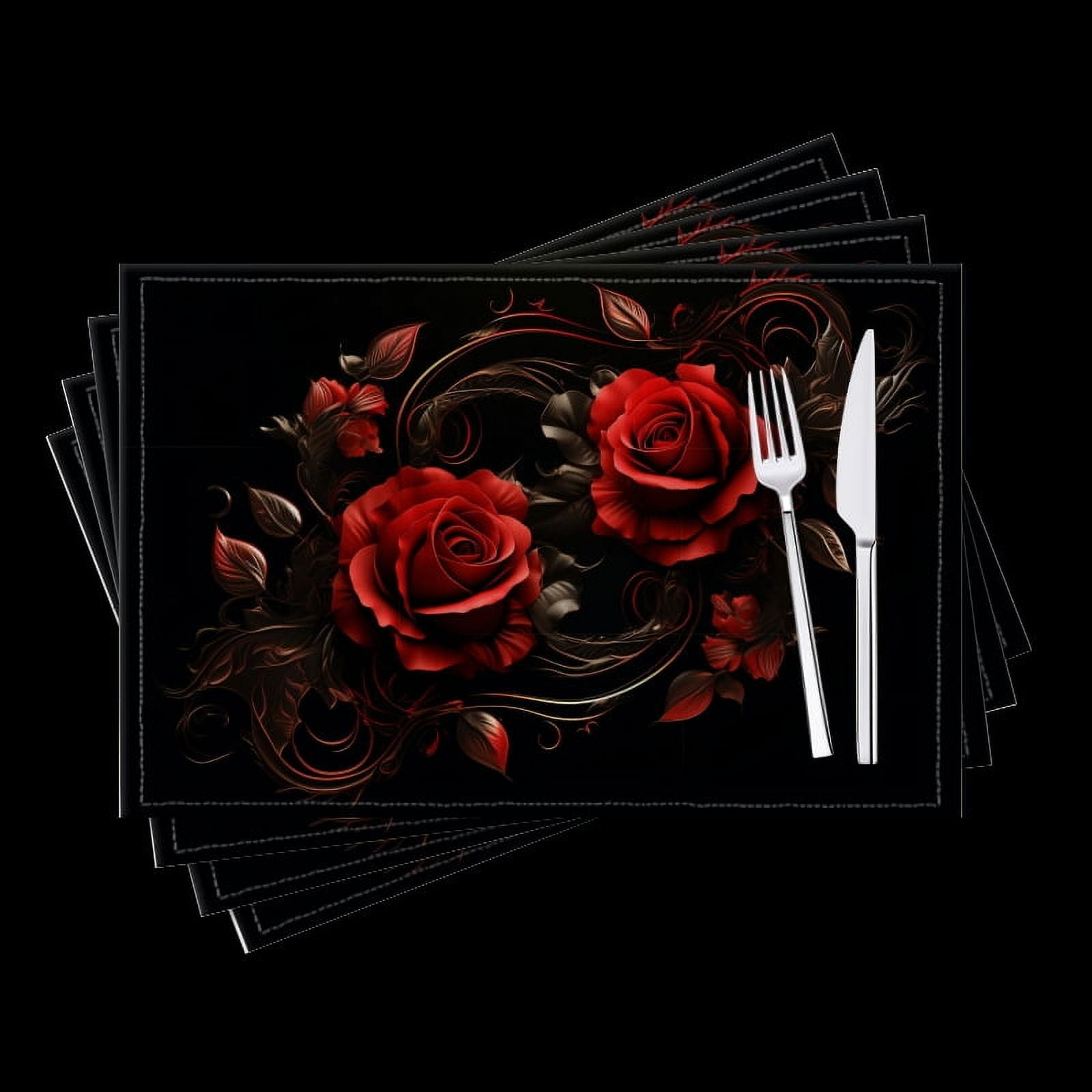 BaHomeck placemats Set of 4 Render Of Red Roses With Swirls And Leaves ...