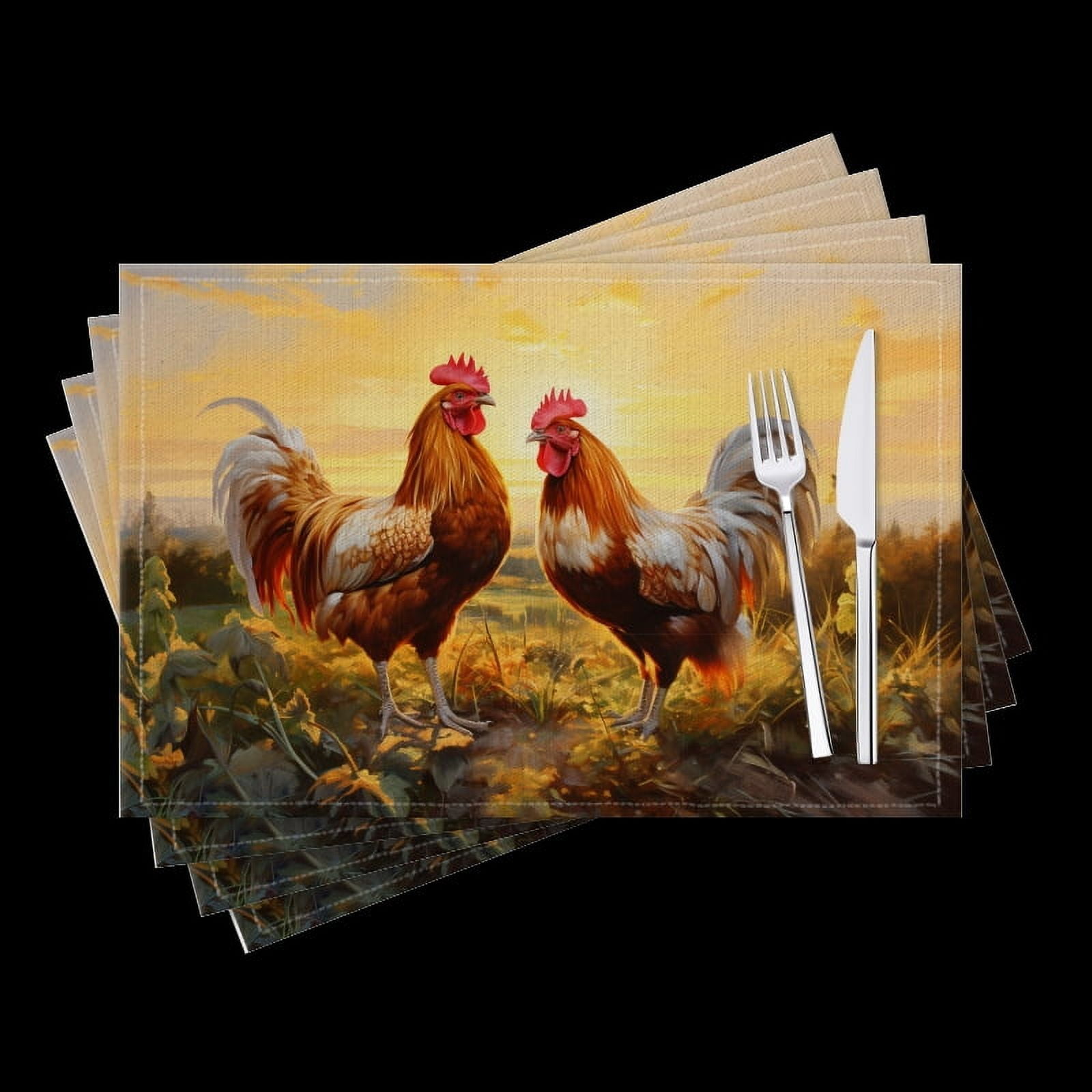 BaHomeck placemats Set of 4 Roosters In The Morning Sun With Beautiful ...