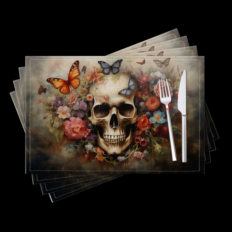 BaHomeck placemats Set of 4 Skull Surrounded By Flowers And Butterflies ...