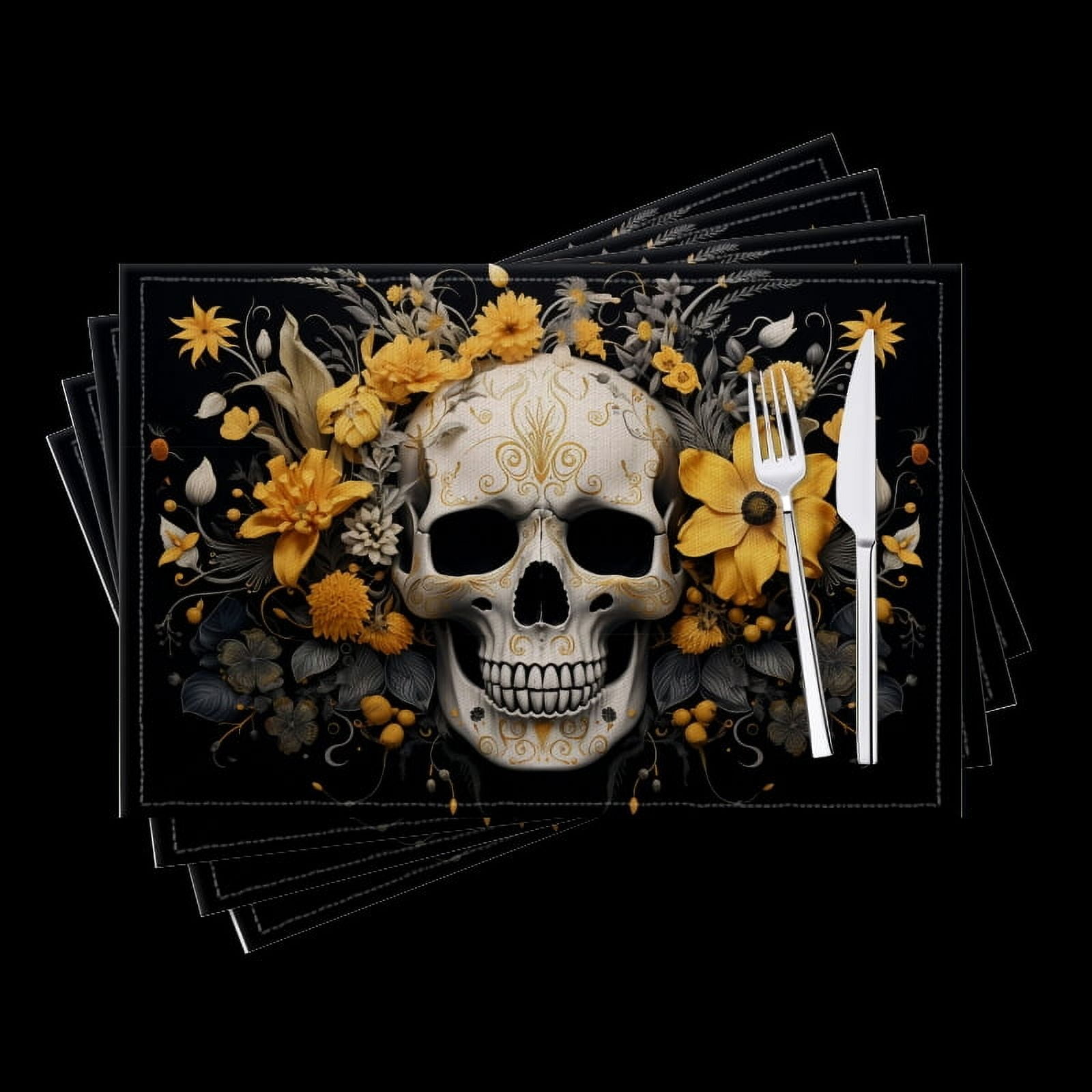 BaHomeck placemats Set of 4 Skull With Yellow Flowers And Gray Leaves ...