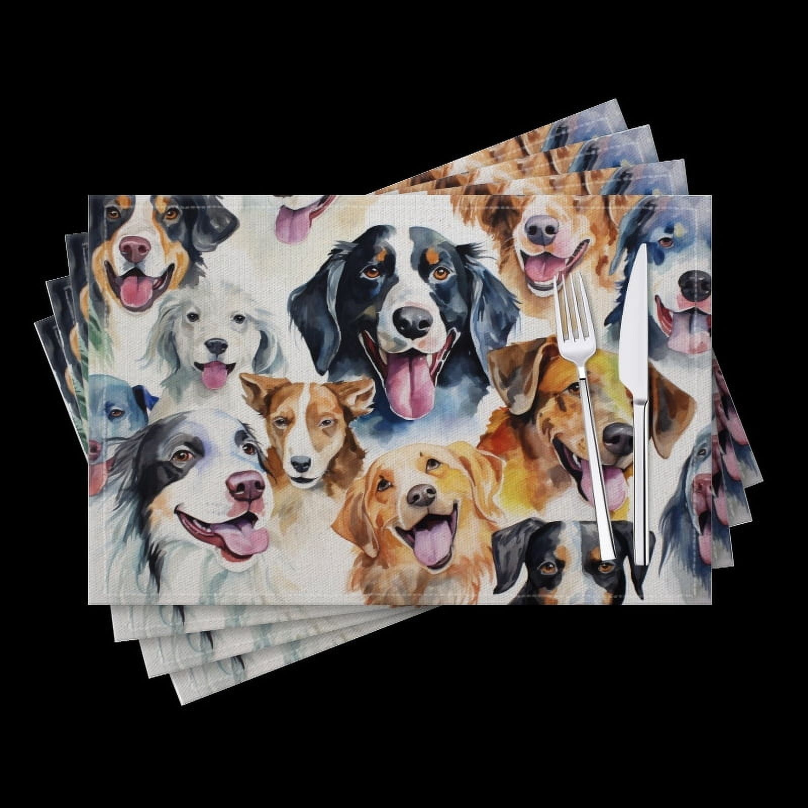 BaHomeck placemats Set of 4 Watercolor Painting Of Various Dogs Cotton ...
