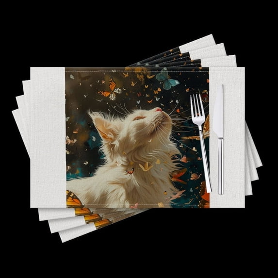 BaHomeck placemats Set of 4 White Cat Surrounded By Butterflies Of ...