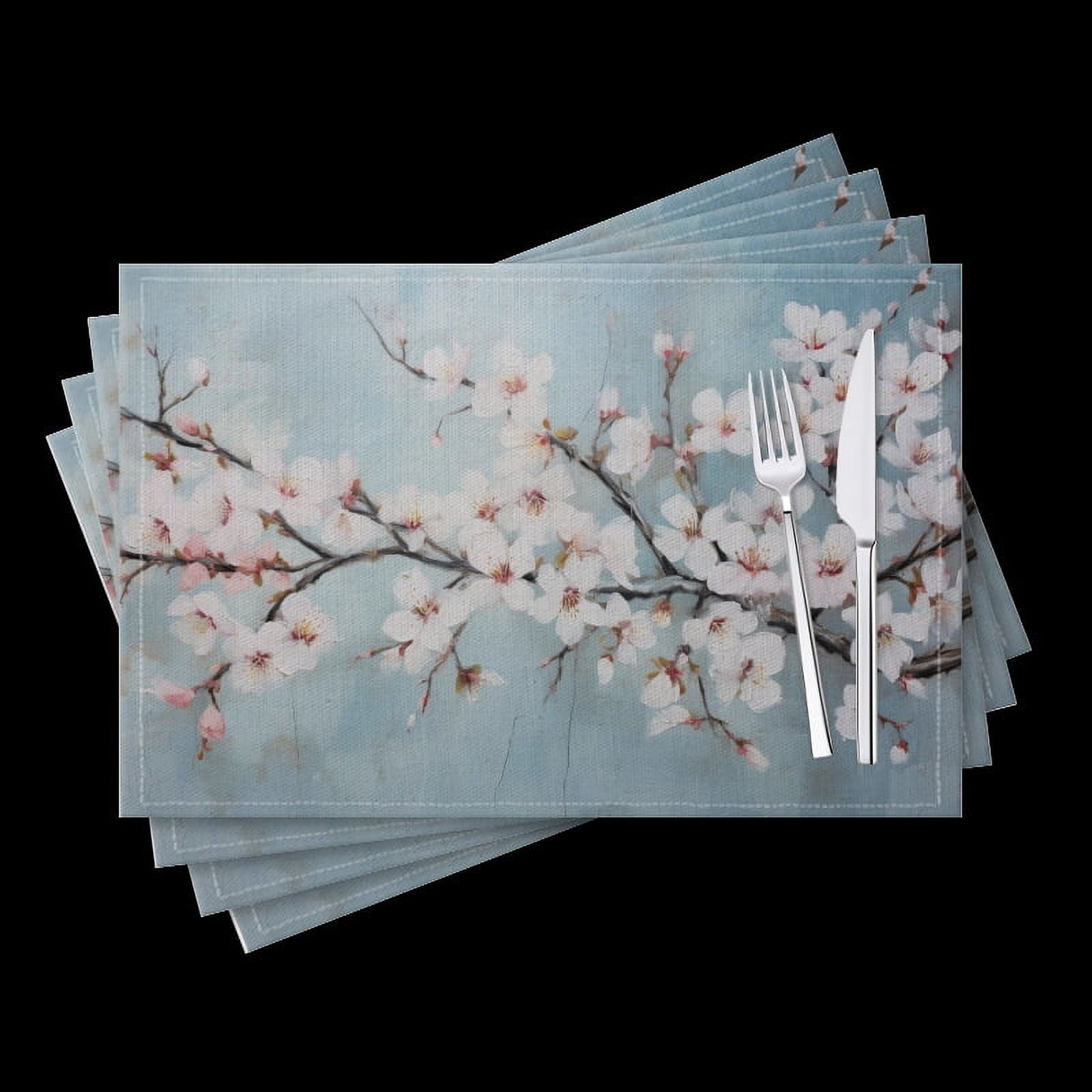 BaHomeck placemats Set of 4 White Cherry Blossoms On Light Blue ...