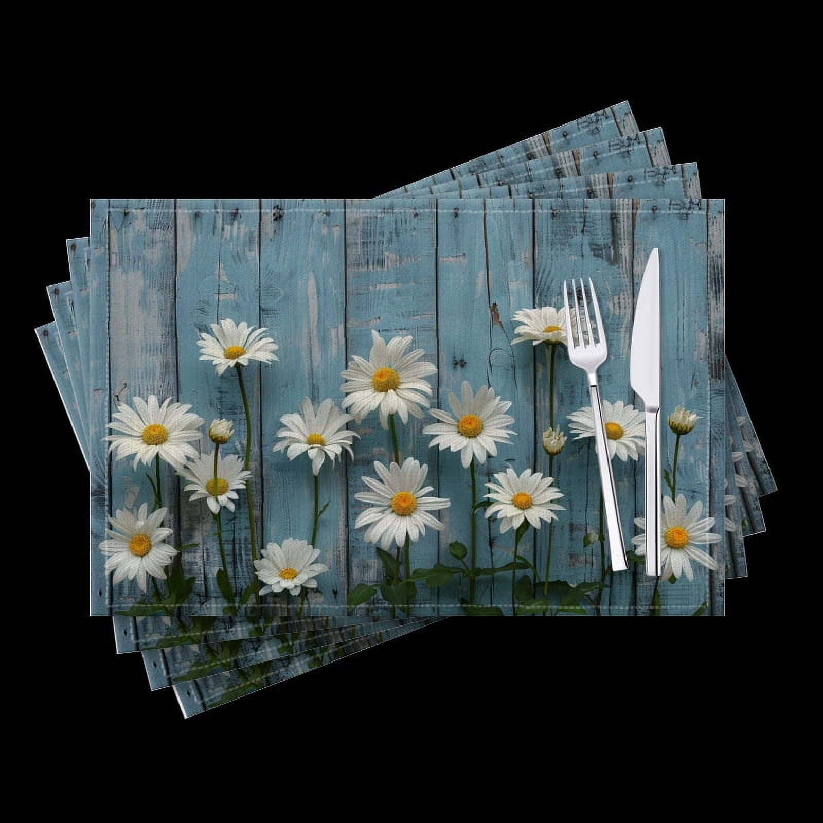 BaHomeck placemats Set of 4 White Daisies Against Blue Wooden ...