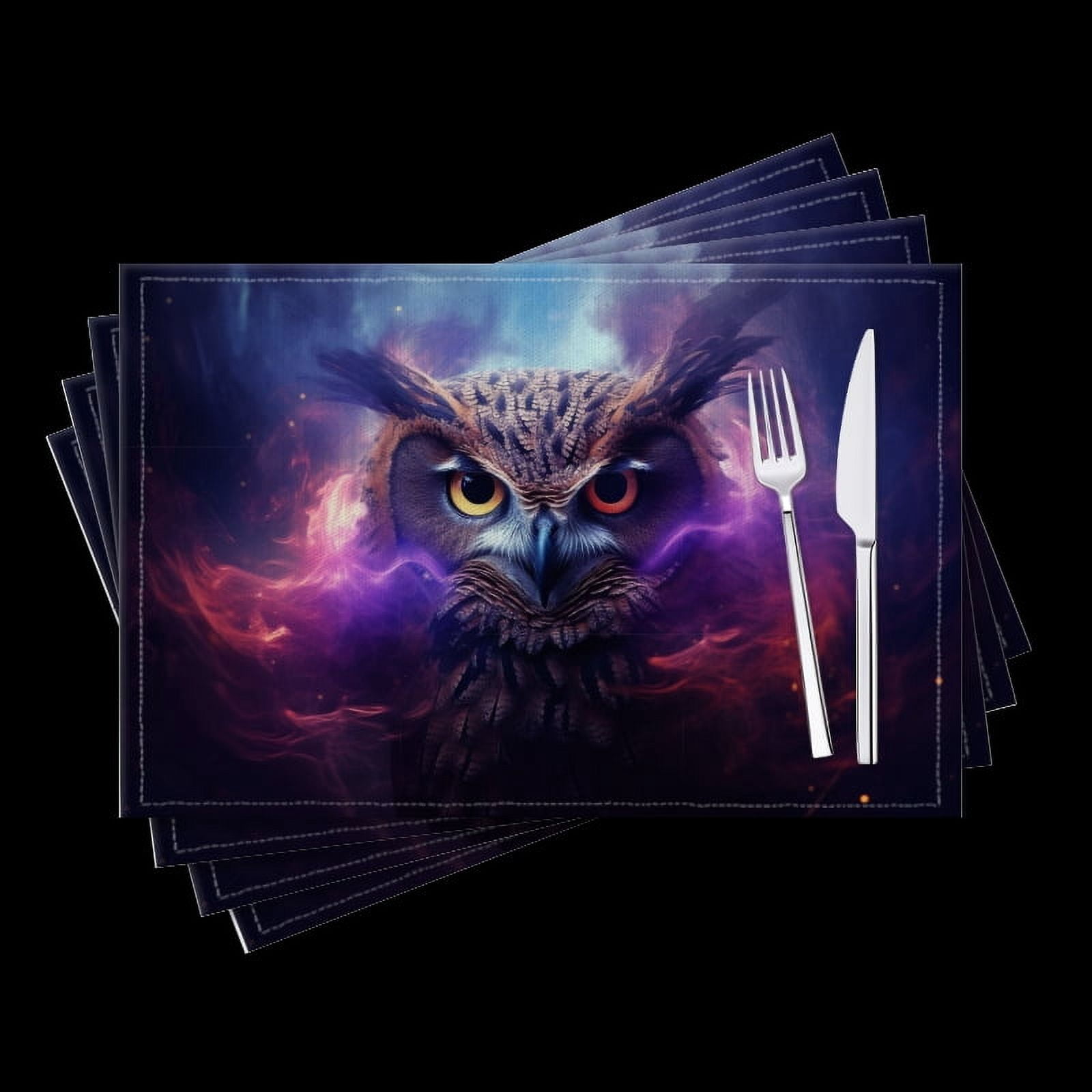 BaHomeck placemats Set of 4 Wise Owl With Glowing Eyes Surrounded By ...