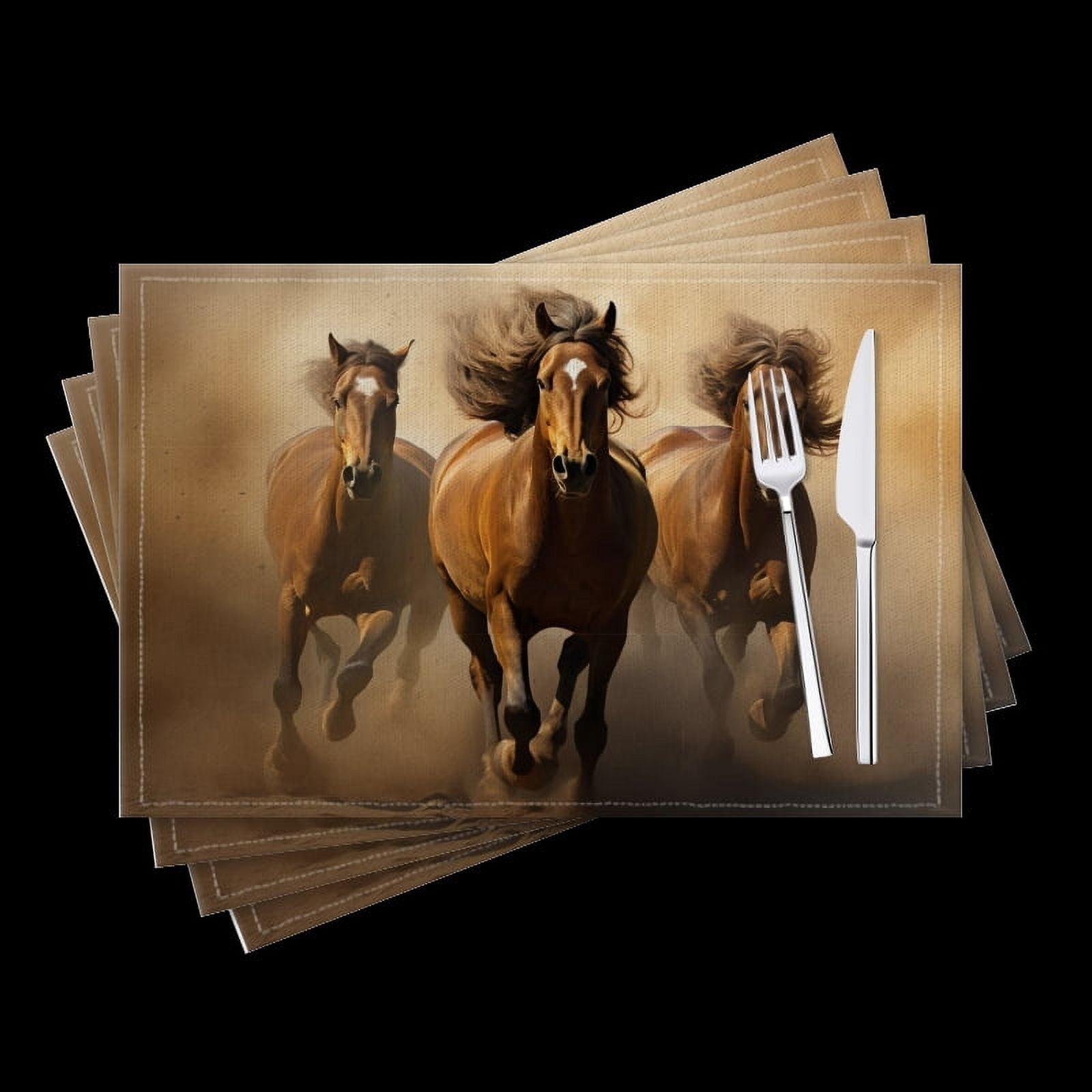 BaHomeck placemats Set of 4 Brown Horses Running Side By Side Cotton ...