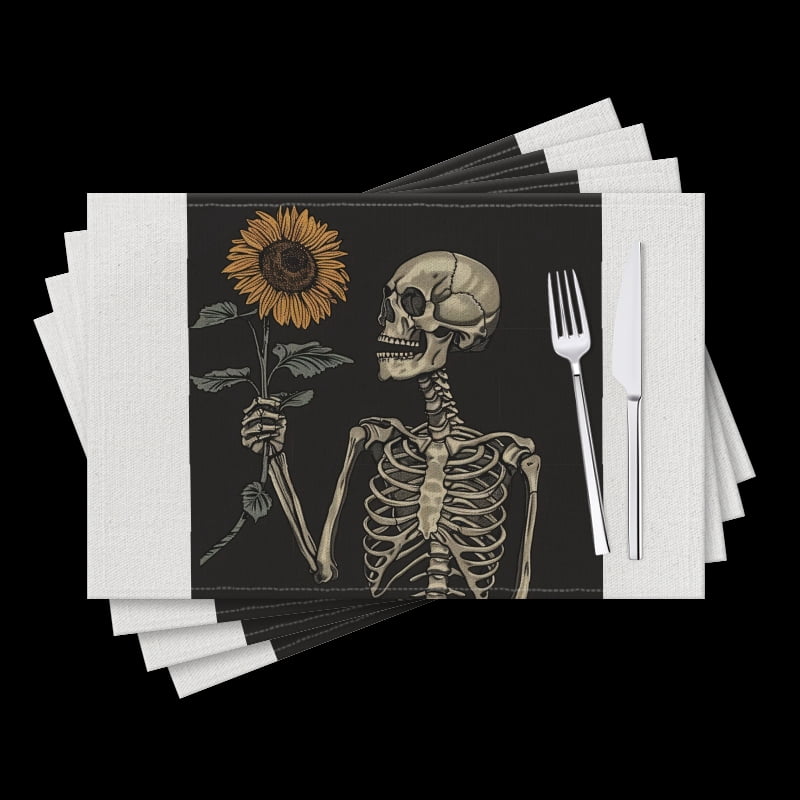 BaHomeck placemats Set of 4 Skeleton Holding Sunflower Cotton Linen ...