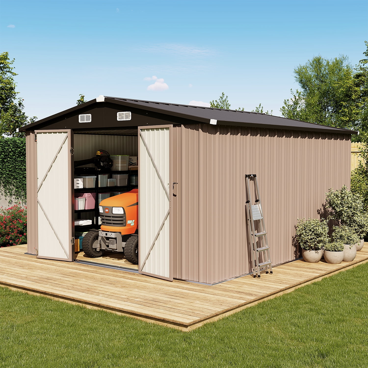 BaPiPro 10'x 12' Metal Outdoor Storage Shed, Large Tool Shed with ...
