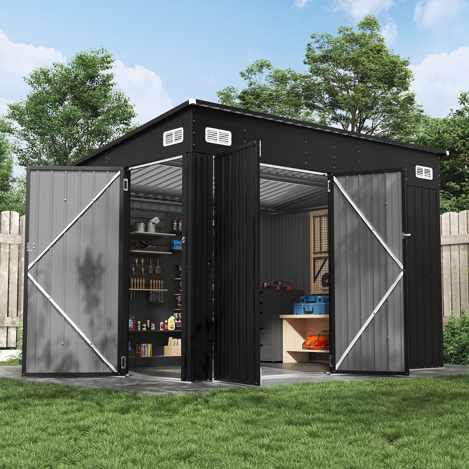 BaPiPro 10'x8' Lean-to Metal Storage Shed, Outdoor Lockable Shed with ...