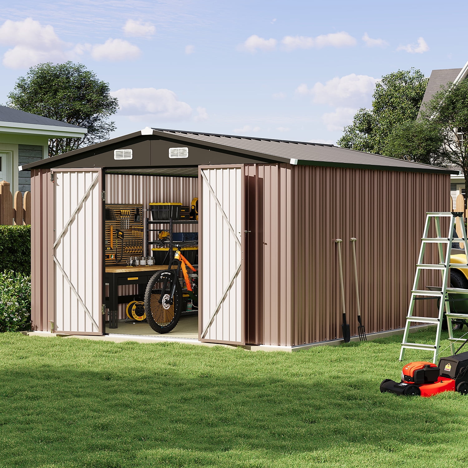 BaPiPro 12x10 ft Outdoor Metal Storage Shed with Base - Lockable Door ...