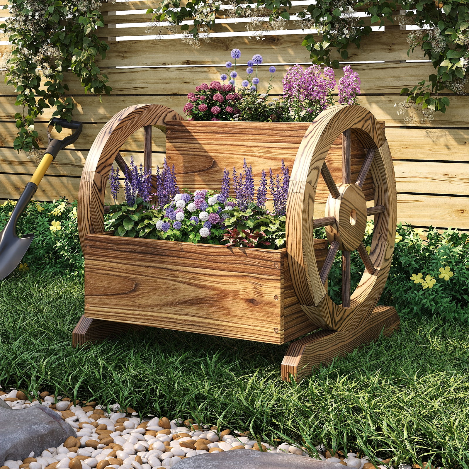 BaPiPro 18 Inch 2-Tier Wooden Wagon Planter Box with Wheels for Outdoor ...