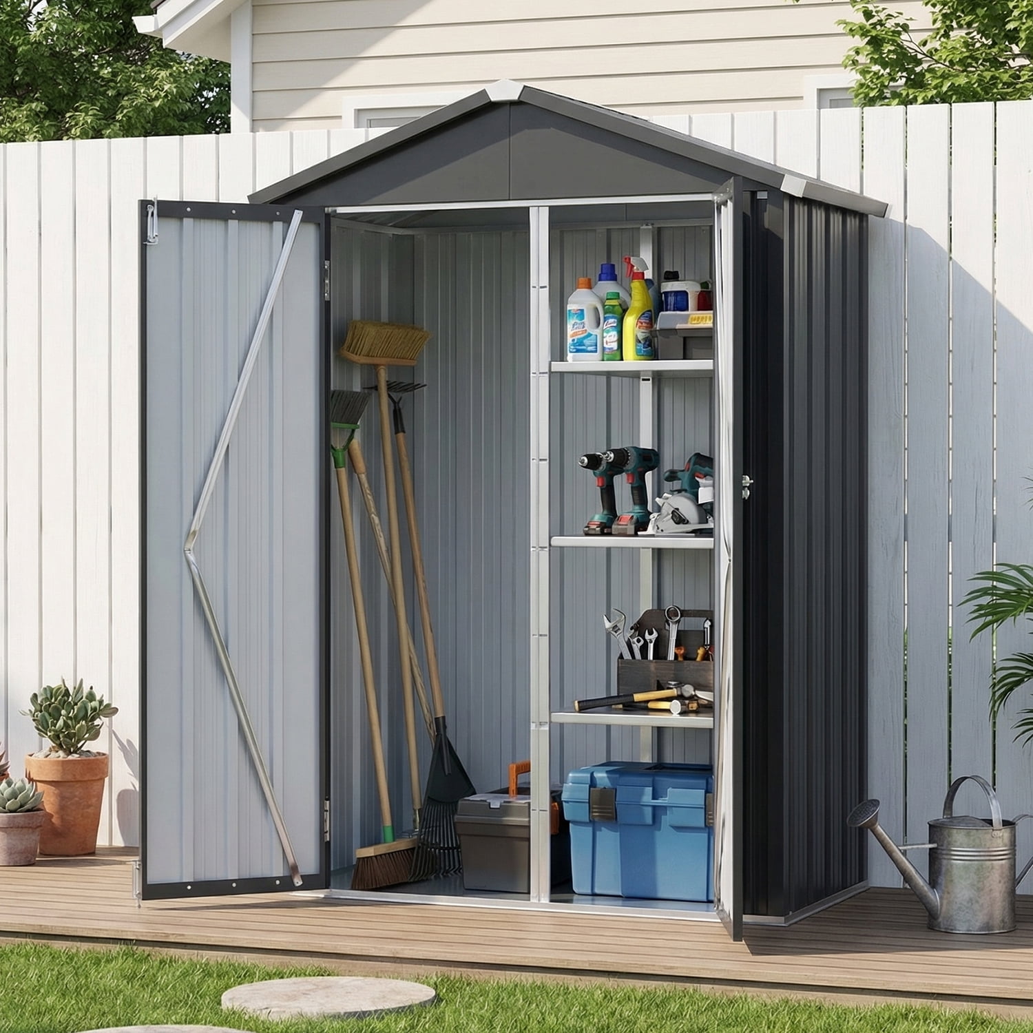 BaPiPro 4x2 ft Outdoor Storage Shed with Floor, Metal Shed with Shelves ...