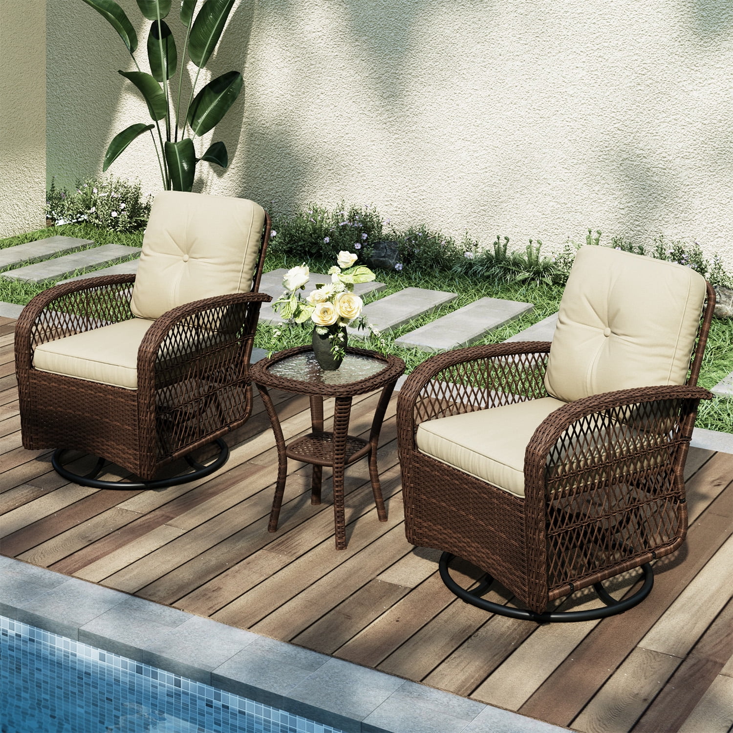 BaPiPro 3 Piece Beige Outdoor Swivel Rocker Wicker Patio Furniture Set ...