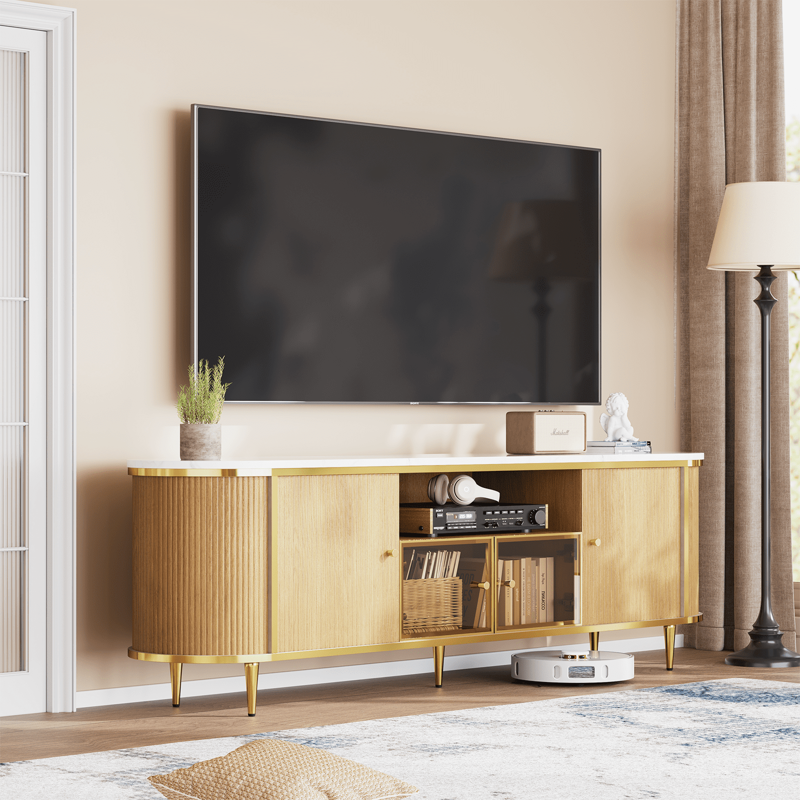 BaPiPro 70" Modern Chic TV Stand with Multi-Storage Cabinets & Glass ...