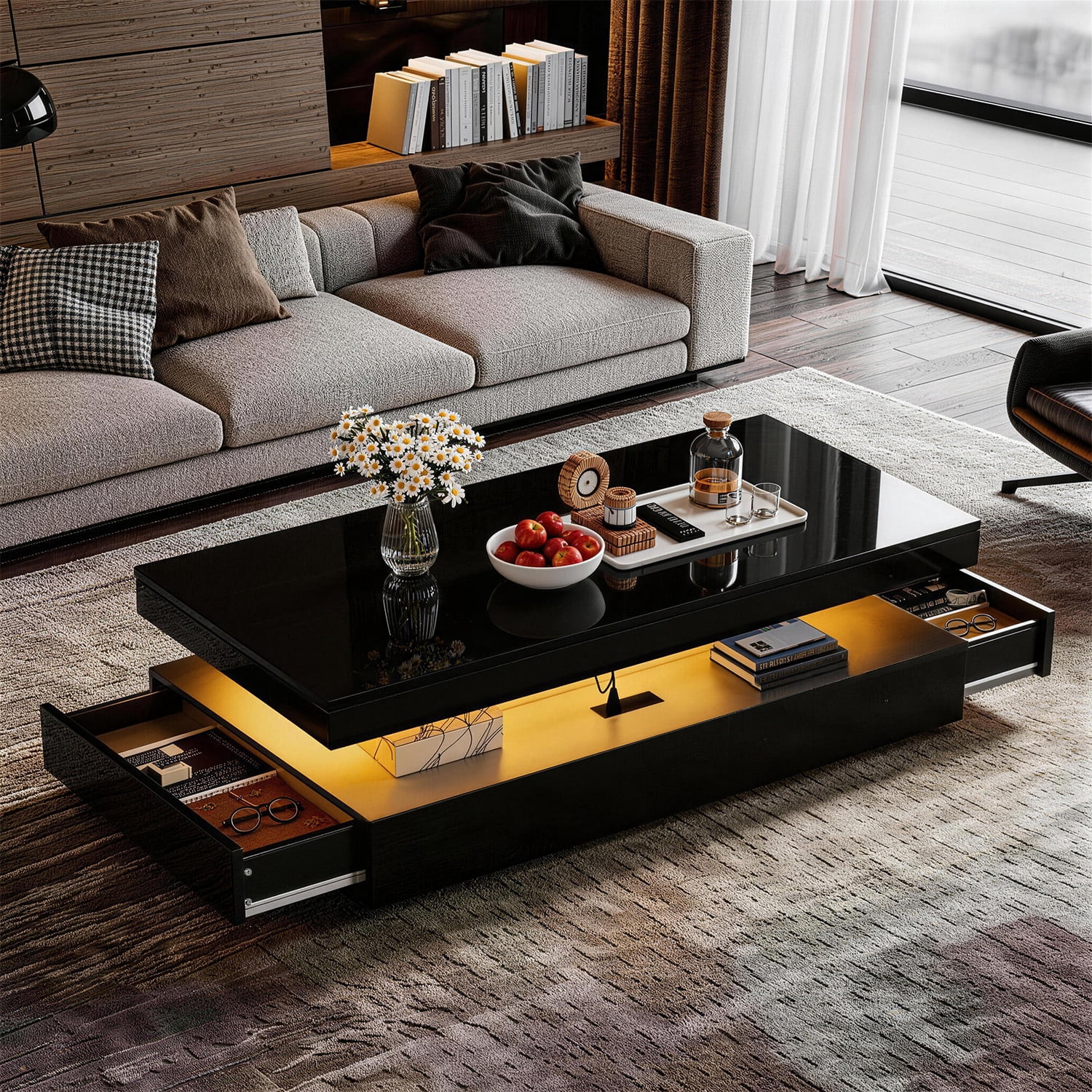 BaPiPro LED Coffee Table with 2 Storage Drawers, Modern Center Table ...