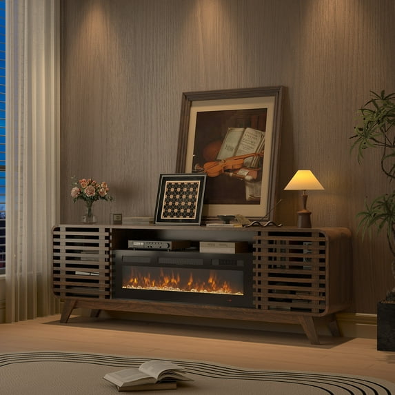 BaPiPro 70" Electric Fireplace TV Stand - Freestanding Mid-Century Slat ...