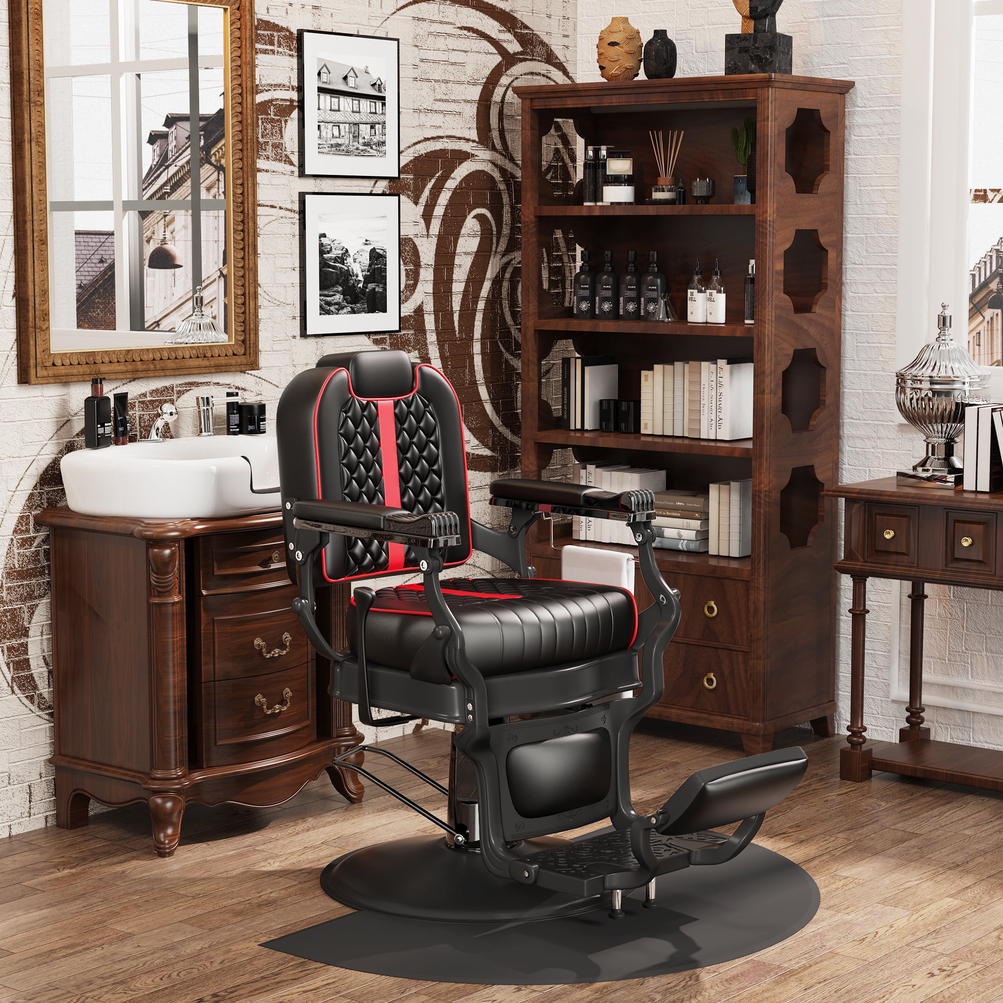 Baasha Black and Red Barber Chair, Comfortable Reclining Salon Chair ...