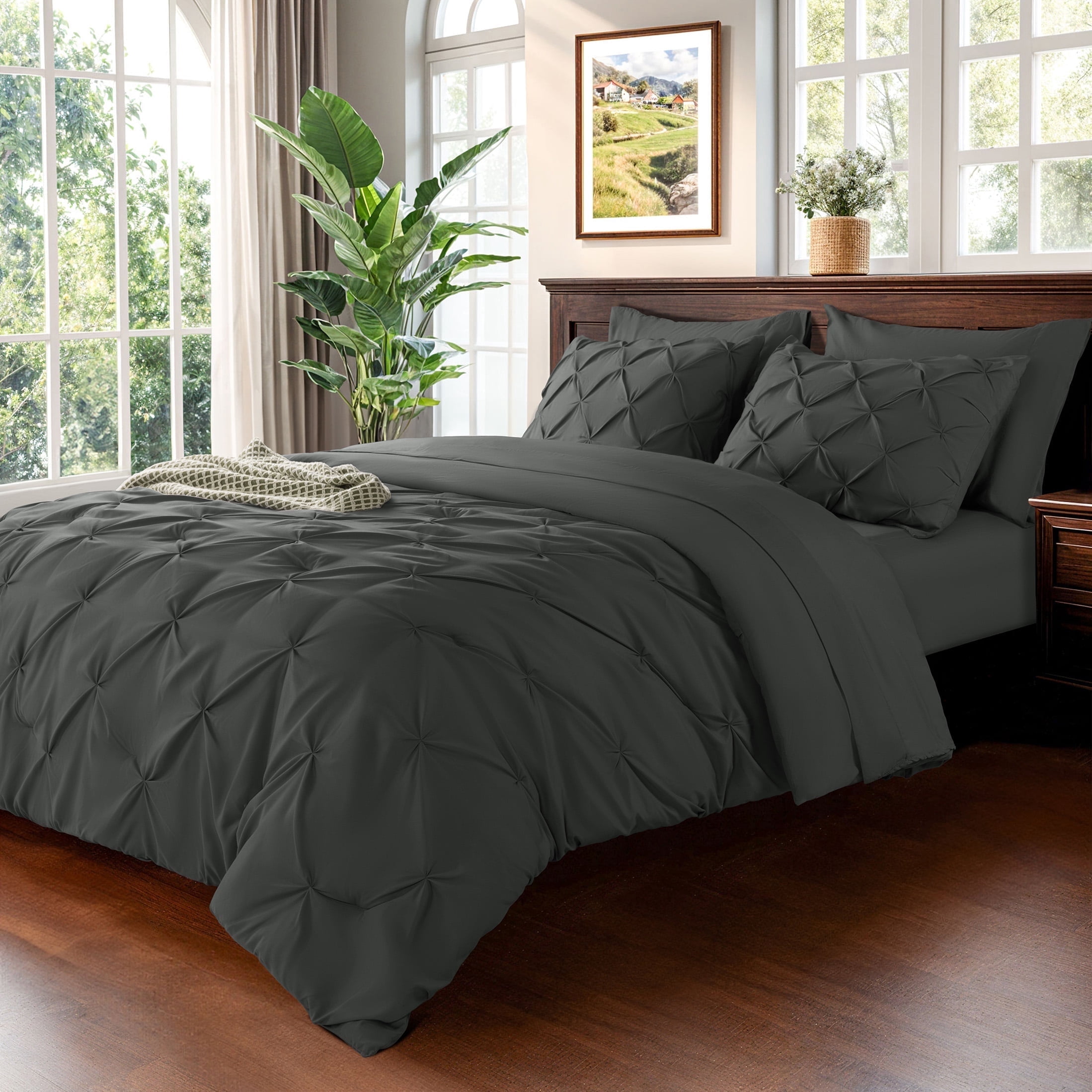 Baauye Queen Comforter Set, 7 Pieces Dark Gray Comforters, Pintuck ...