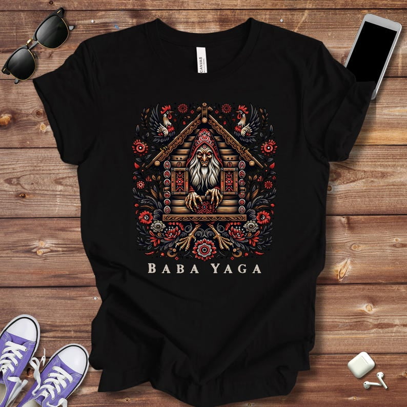 Baba Yaga Slavic Folklore T-Shirt, Dark Fairy Tale Witch Shirt, Vintage Folk Horror Tee, Russian ...