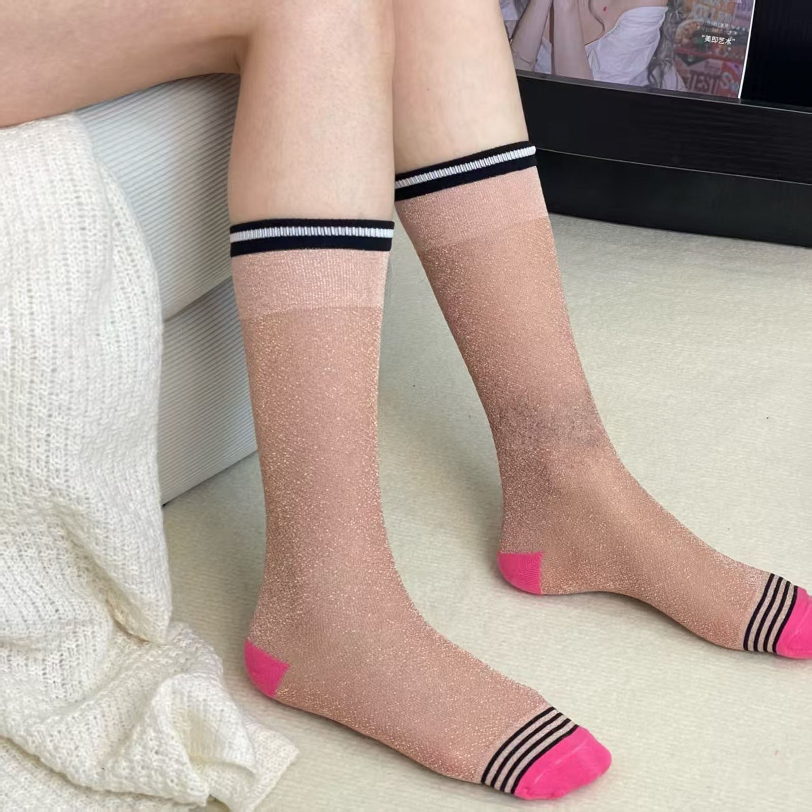 Babaley Women's Socks Sheer Glitter Thread Striped Retro Crew Socks ...