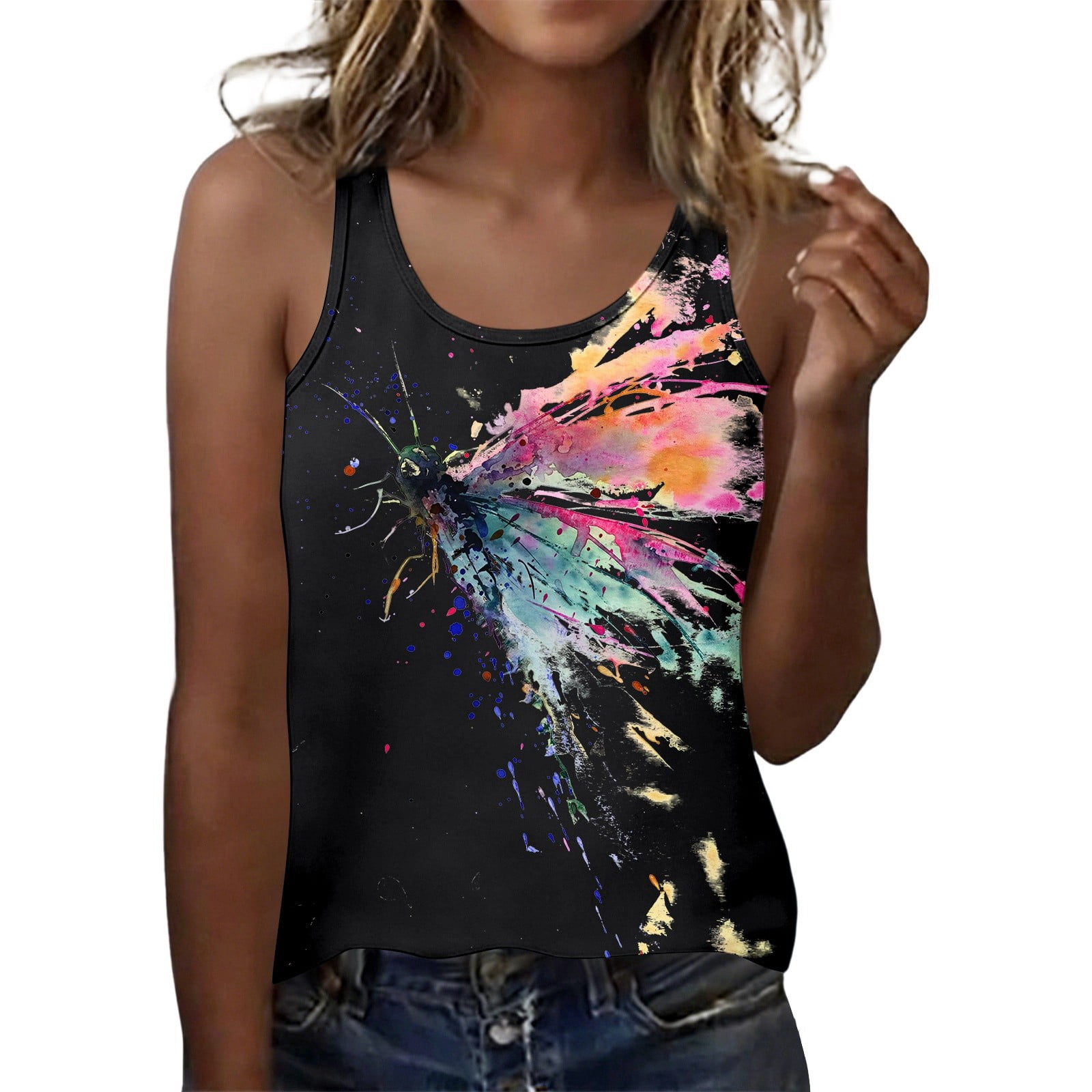 Babaley Women's Tank Top Dragonfly Print Crew Neck Sleeveless Racerback ...