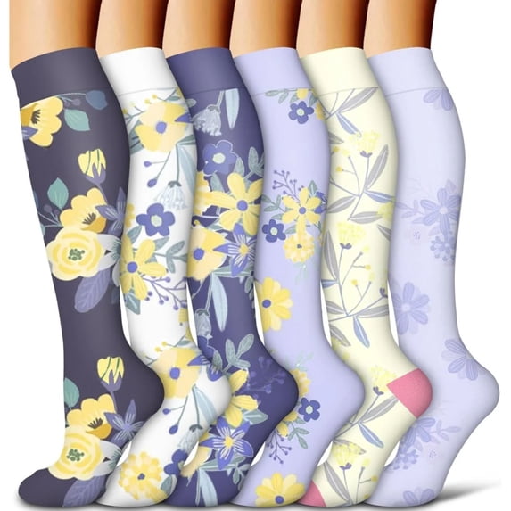 Babaley Womens Socks 6 Pack Long Calf Compression Socks Floral Print ...