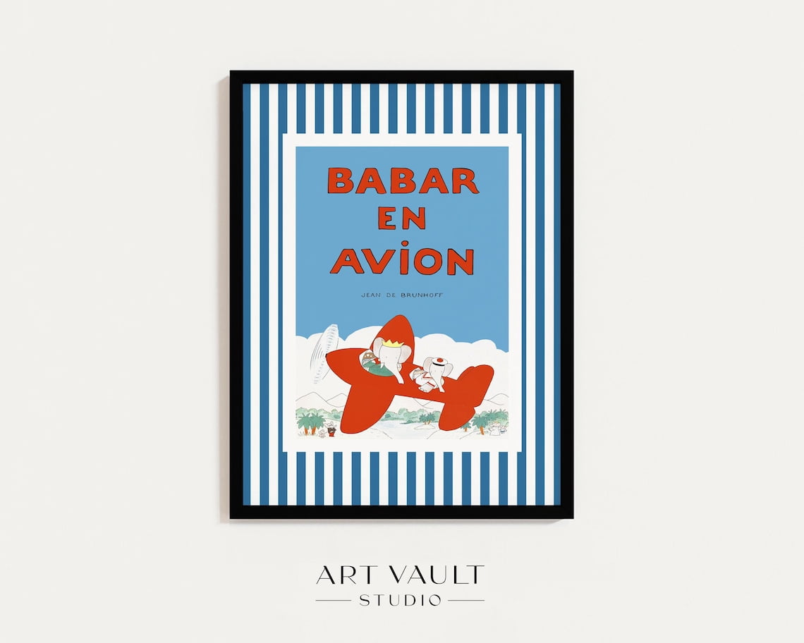 Babar Blue Stripes Poster, Babar Aeroplane, Babar The Elephant Print ...