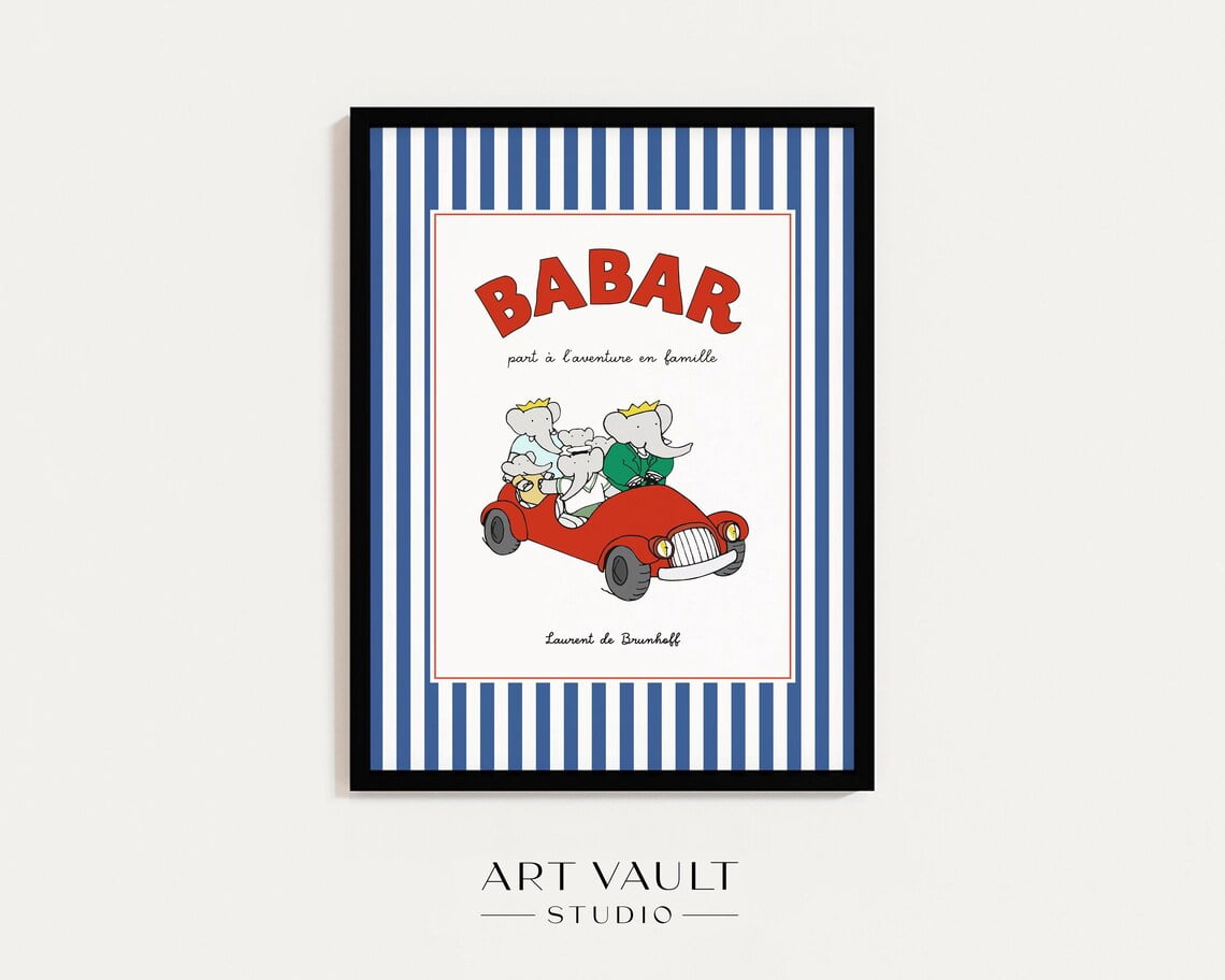 Babar Blue Stripes Red Car Poster, Babar Driving With Family, Babar The ...