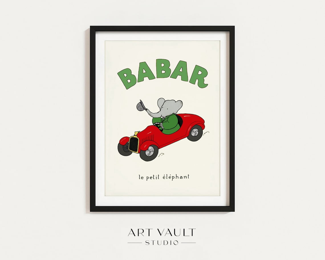 Babar Car Illustration, Nursery Wall Art, Unframed Paper Poster 16x20in ...