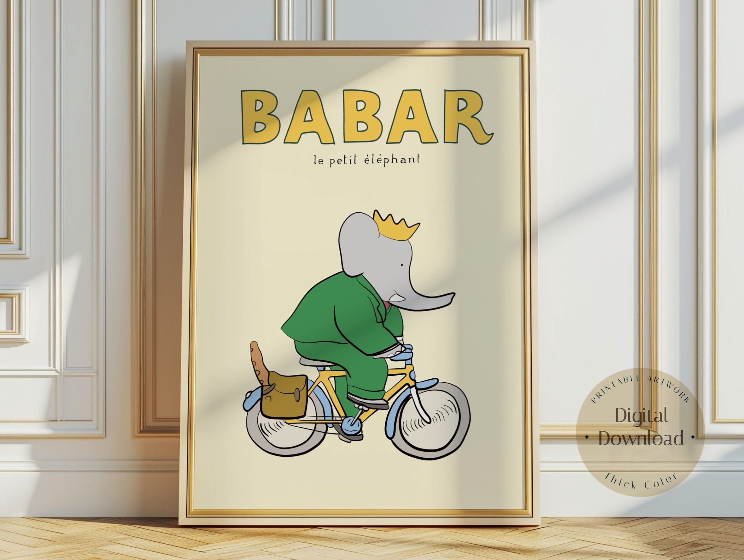 Babar The Elephant Baguette Bicycle Nursery Wall Art Retro Kids Decor ...