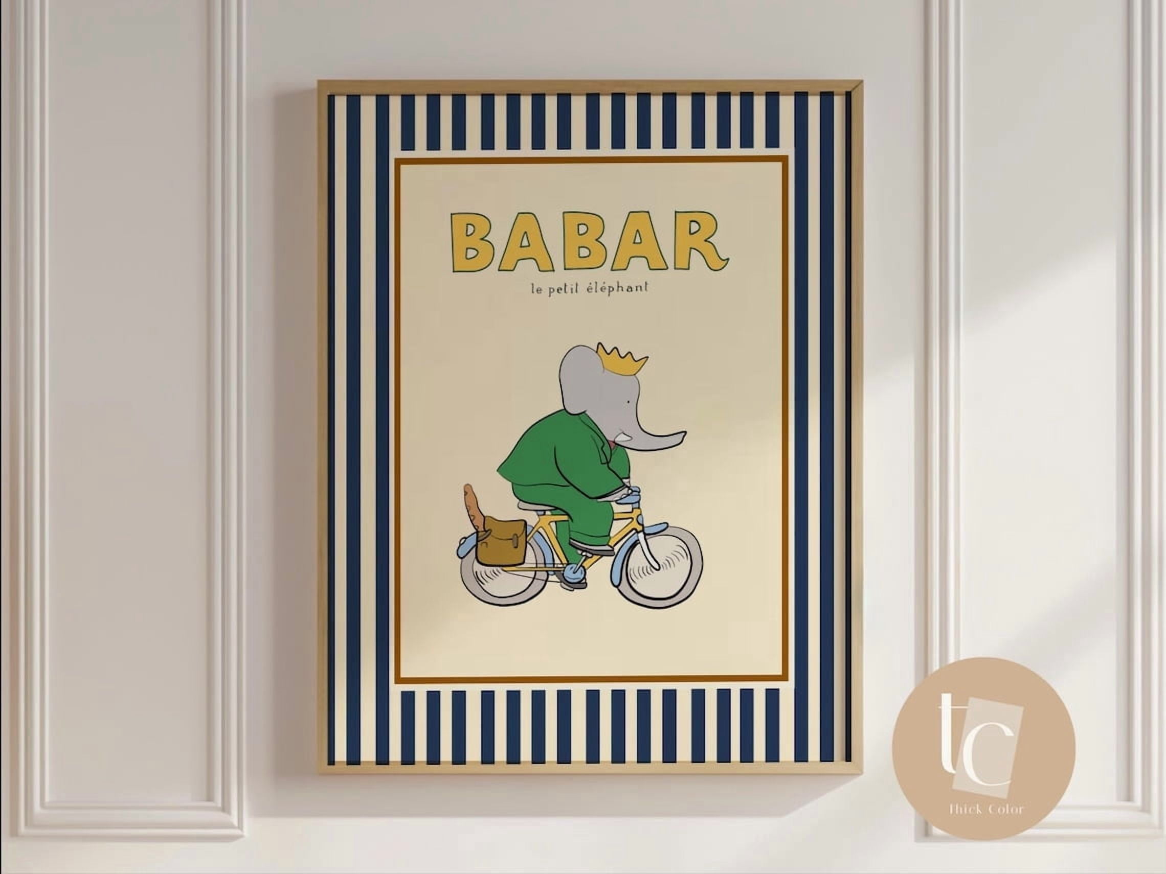 Babar The Elephant Baguette Bicycle Nursery Wall Art Retro Kids Decor ...