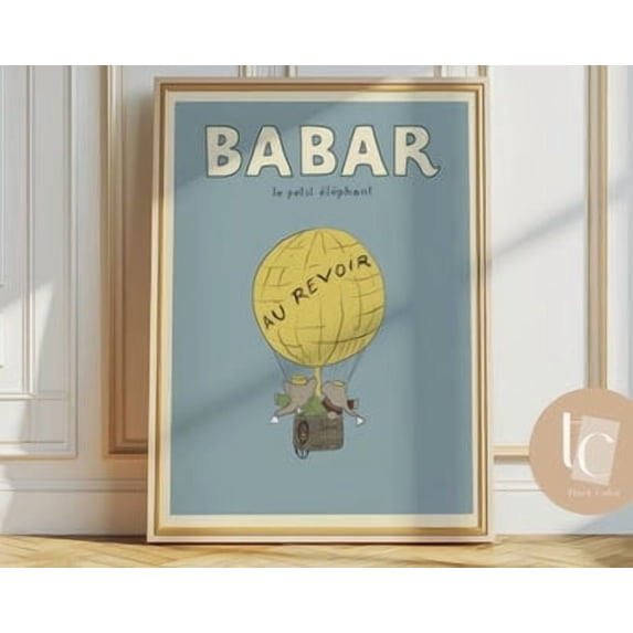 Babar The Elephant Hot Air Balloon Nursery Wall Art Retro Kids Decor ...