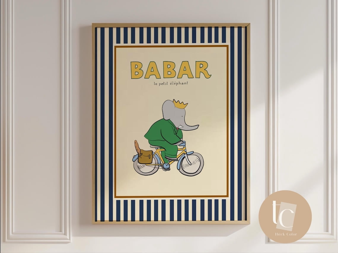 Babar The Elephant Baguette Bicycle Nursery Wall Art Retro Kids Decor ...