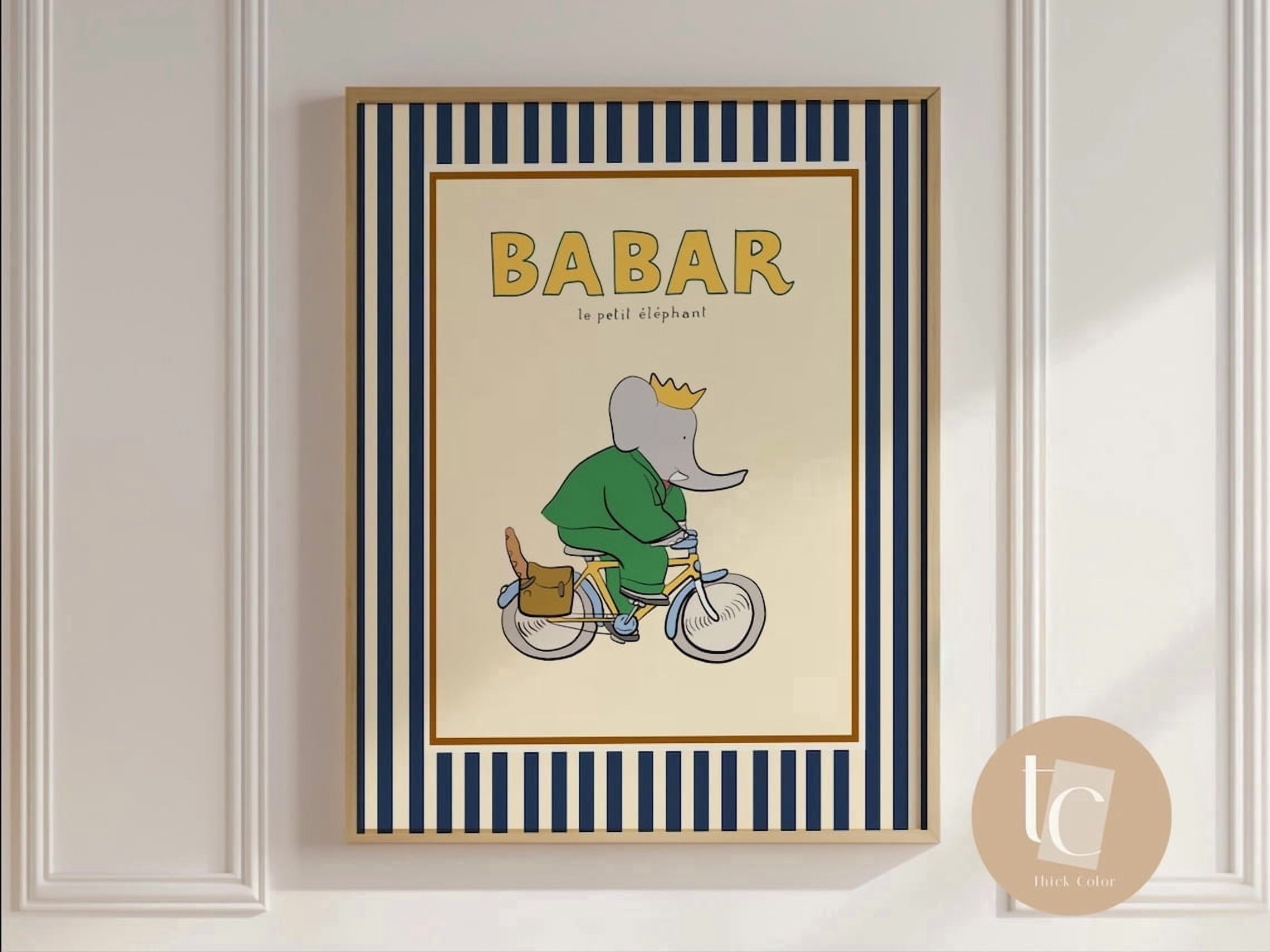 Babar The Elephant Baguette Bicycle Nursery Wall Art Retro Kids Decor ...