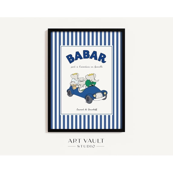 Babar The Elephant Blue Stripe Poster Car With Family Babar, Nursery ...
