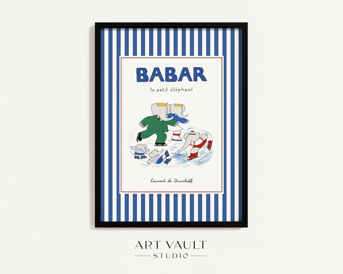 Babar The Elephant Blue Stripe Poster, Ice Skating Family Vintage Wall ...
