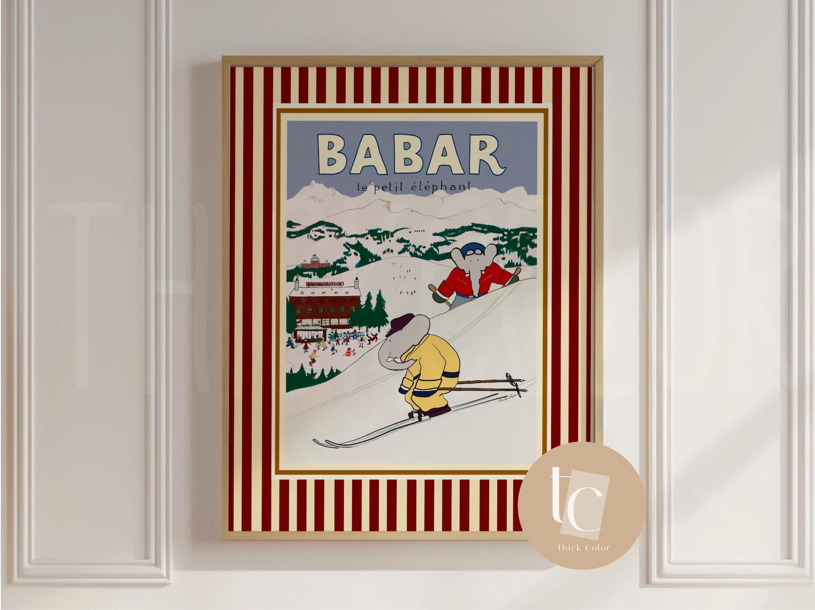 Babar the Elephant Ski in the Snow Nursery Wall Art Retro Kids Decor ...