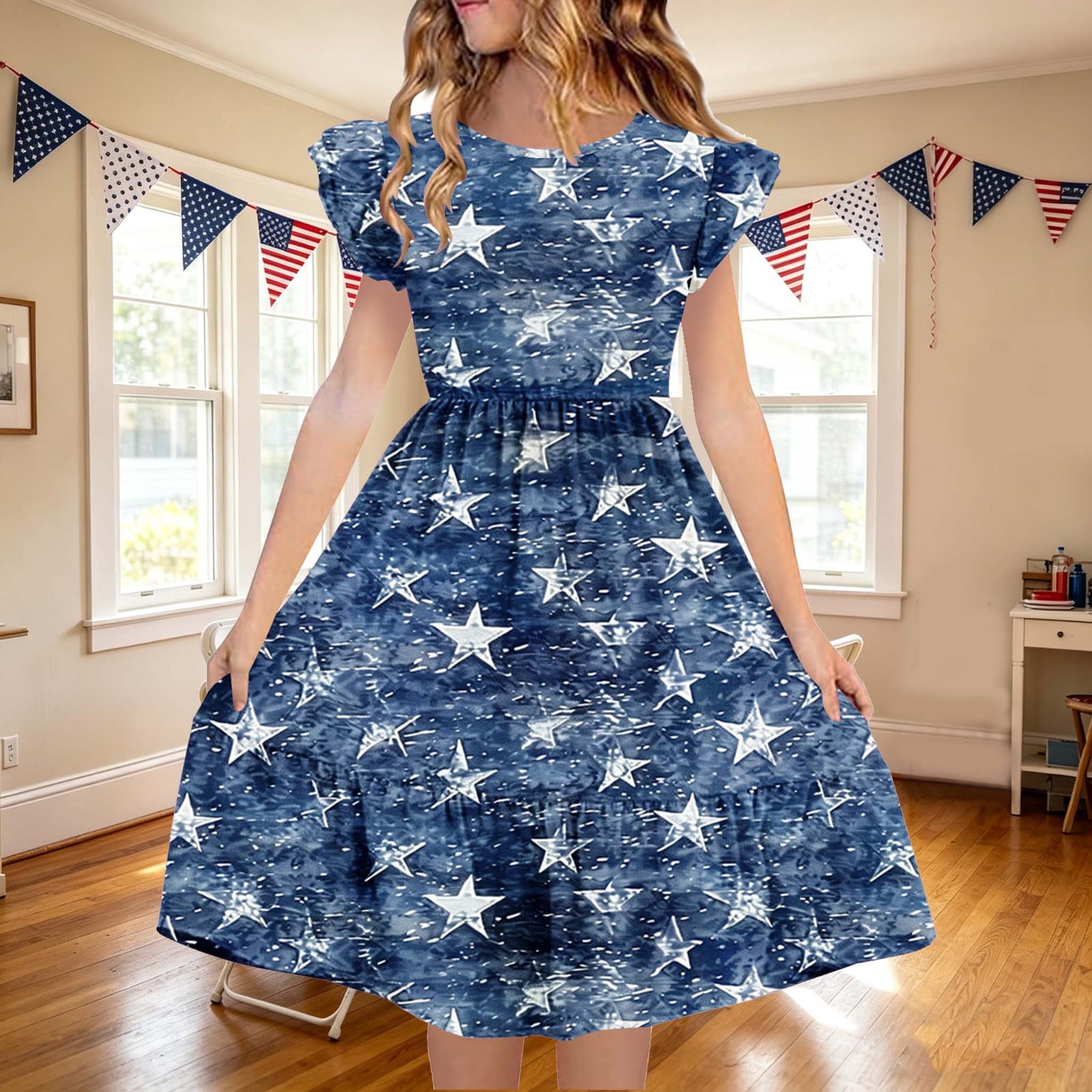 Babcutegg Charming Summer Printed Pleated Sleeve Dress With Lightweight ...