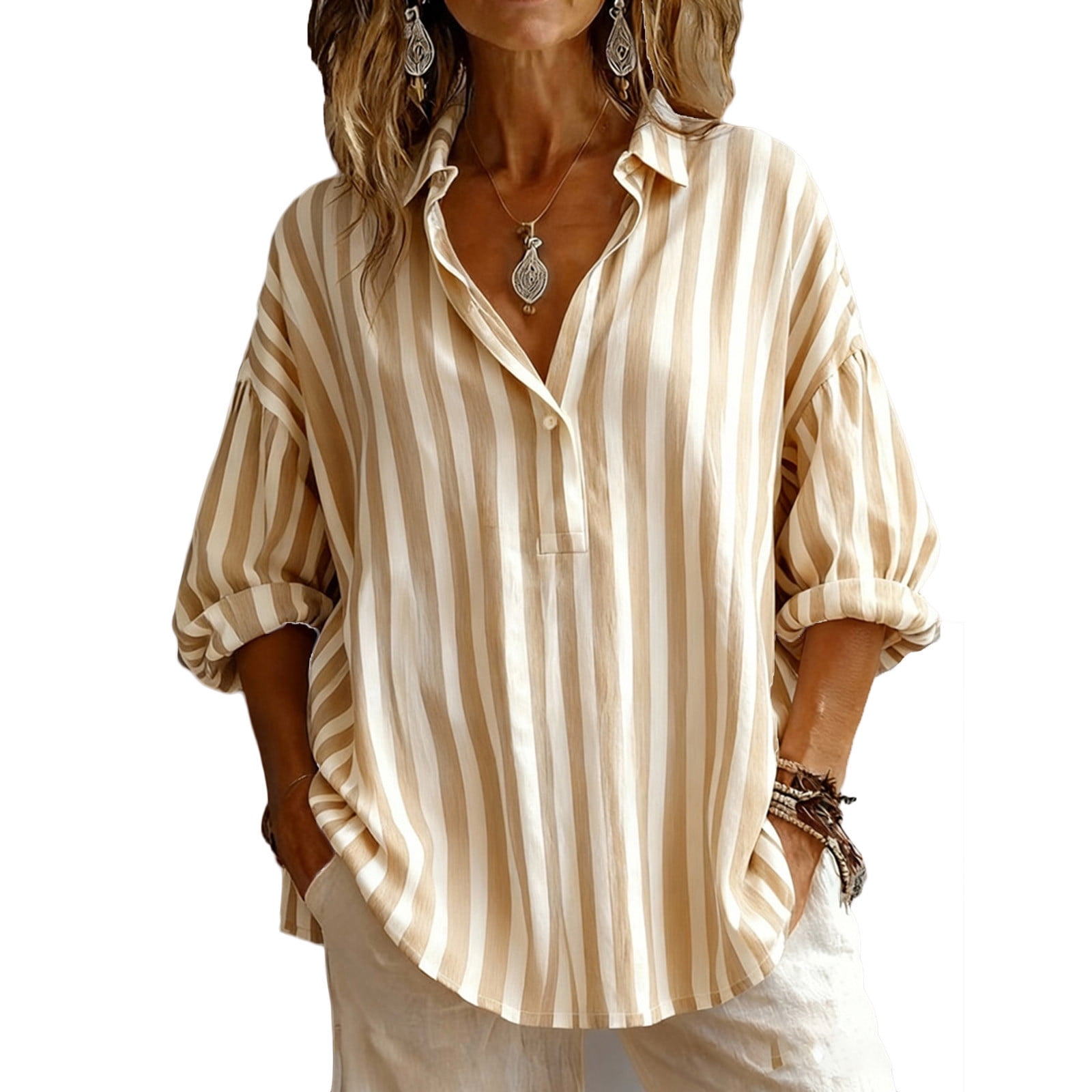 Babcutegg Cotton Linen Shirts for Women Loose Fit Work Blouse Sleeve ...